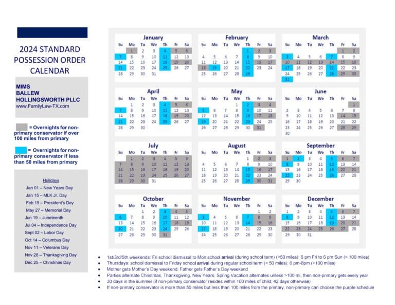 Texas Standard Possession Order & Custody Calendar